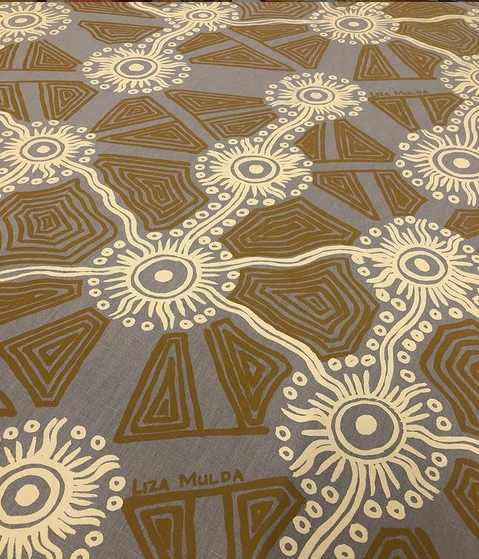Tali at Kungkayunti Fabric - Yellow and White on Hessian (Linen/Cotton ...