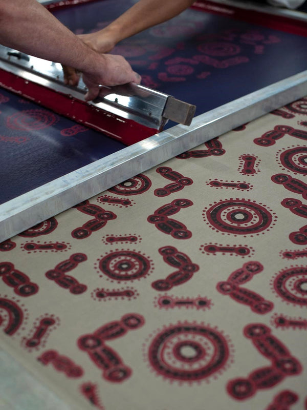 Sisters at Watarru Fabric - Red and Dark Grey on Mushroom (Linen) 50cm ...