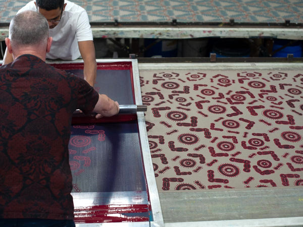 Sisters at Watarru Fabric - Red and Dark Grey on Mushroom (Linen) 50cm ...